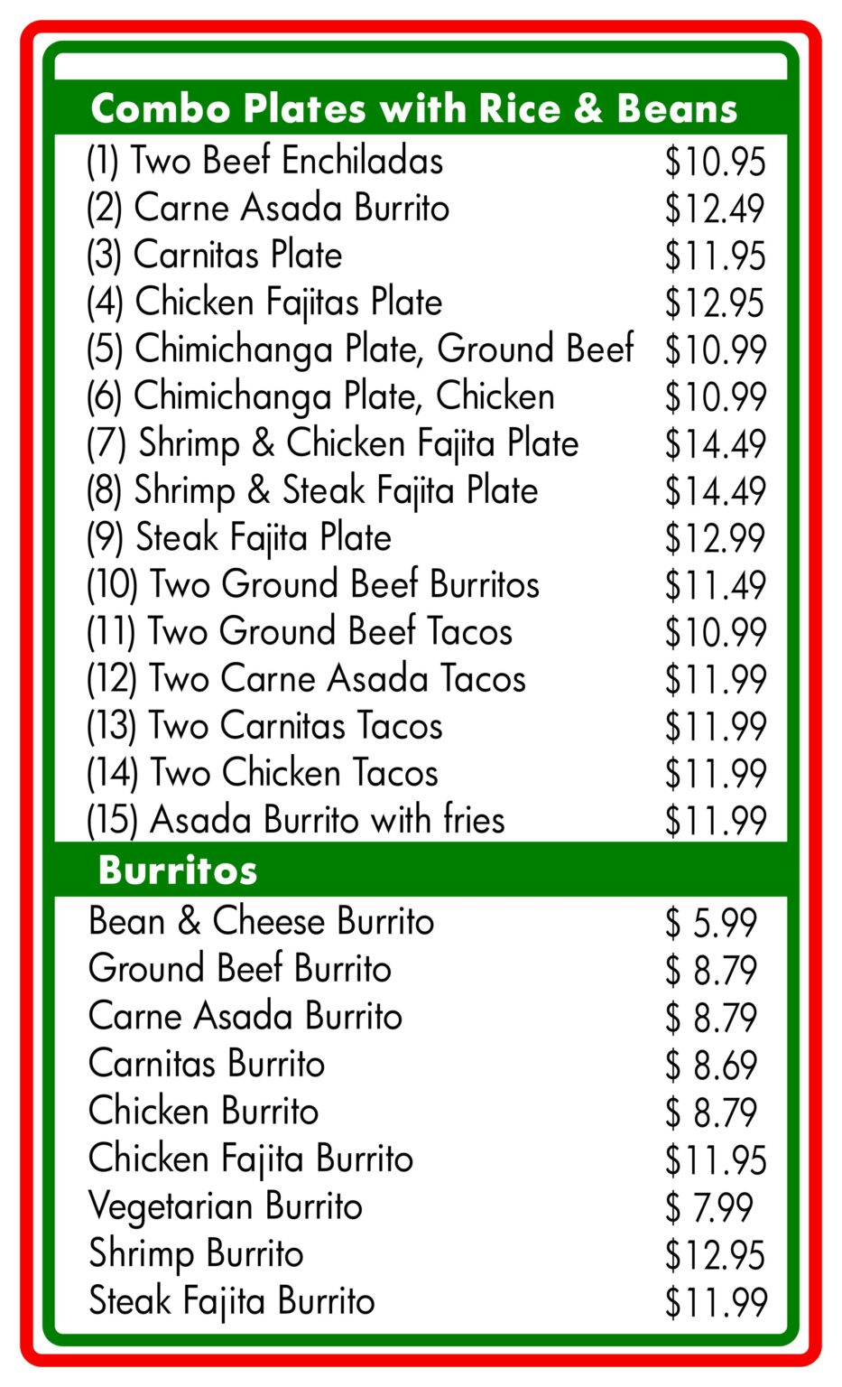 Menu – Los Tacos Mexican Resturant