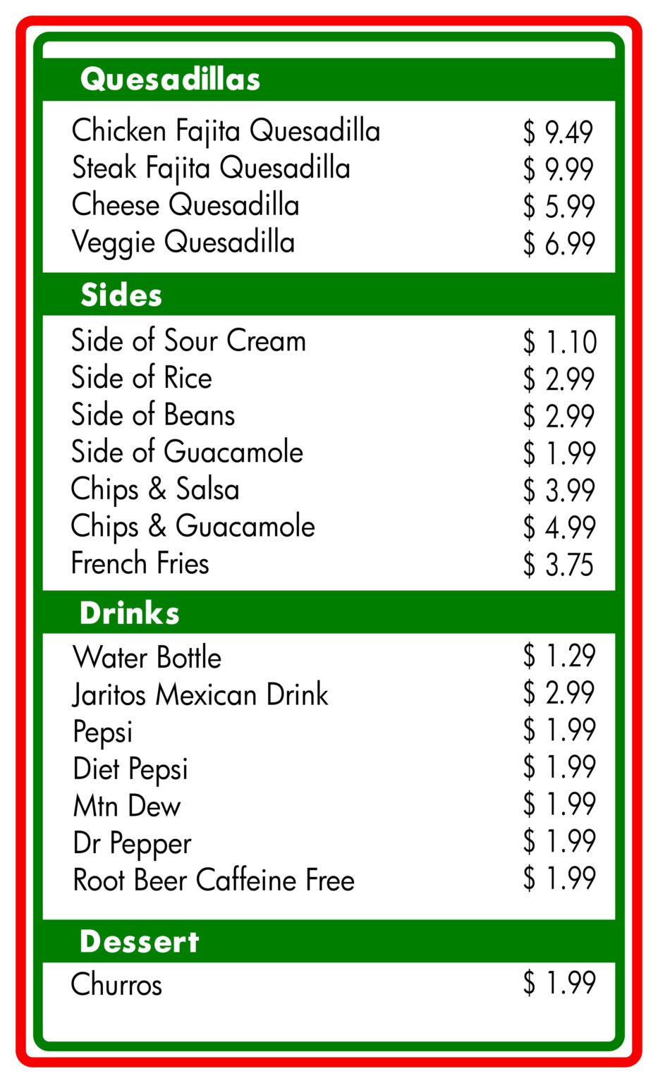 Menu – Los Tacos Mexican Resturant